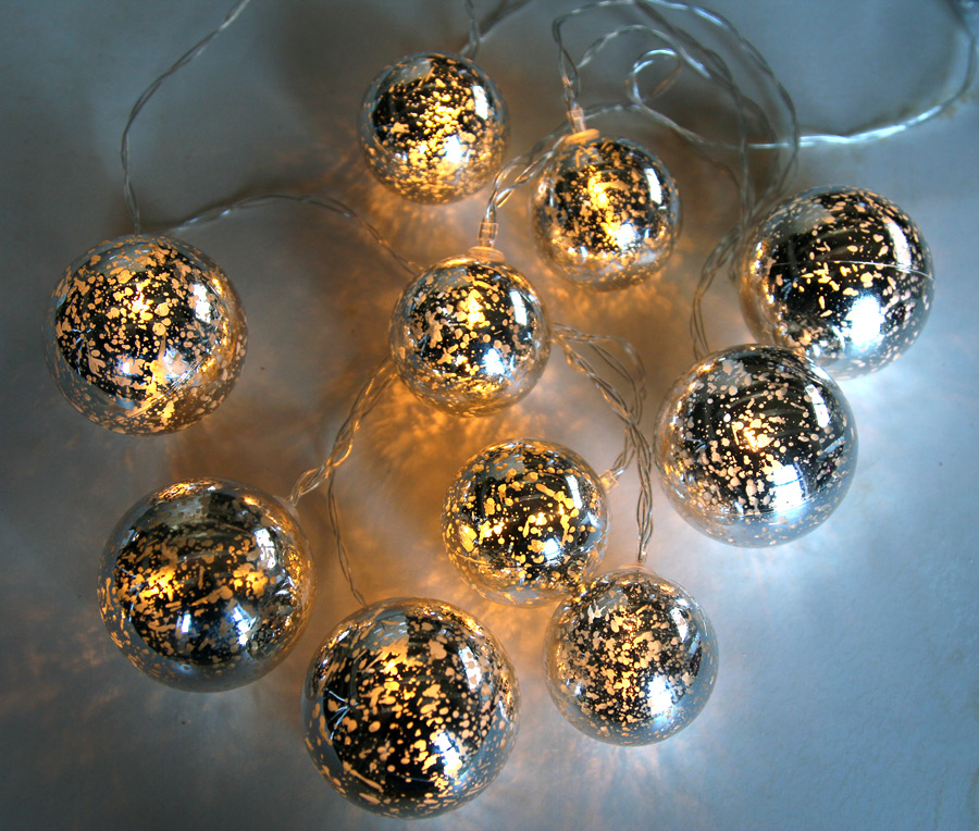 Battery Operated Set of 10 Silver Mercury String Light Ornaments