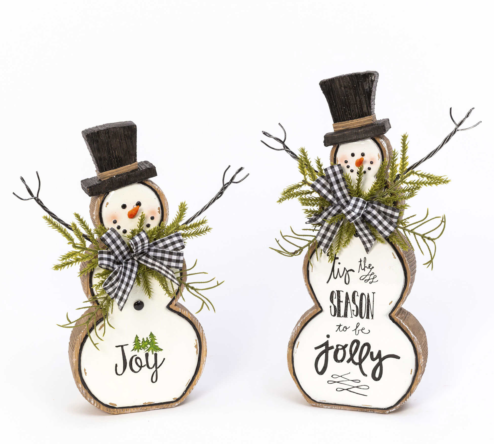Set of 2 White Resin Snowmen With Pine and Bows