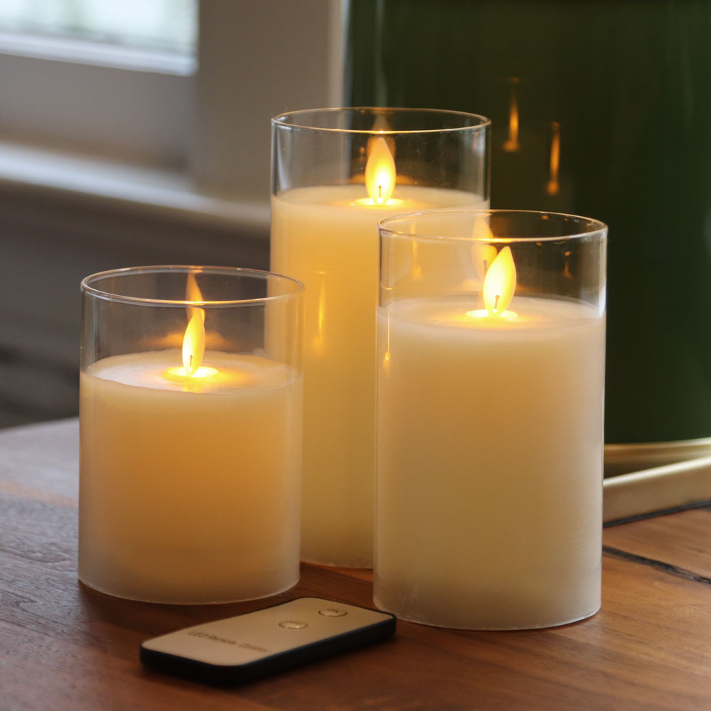 Moving Flame Glass Pillar Candles - Set of 3 | 5,6,7 Inch With Remote