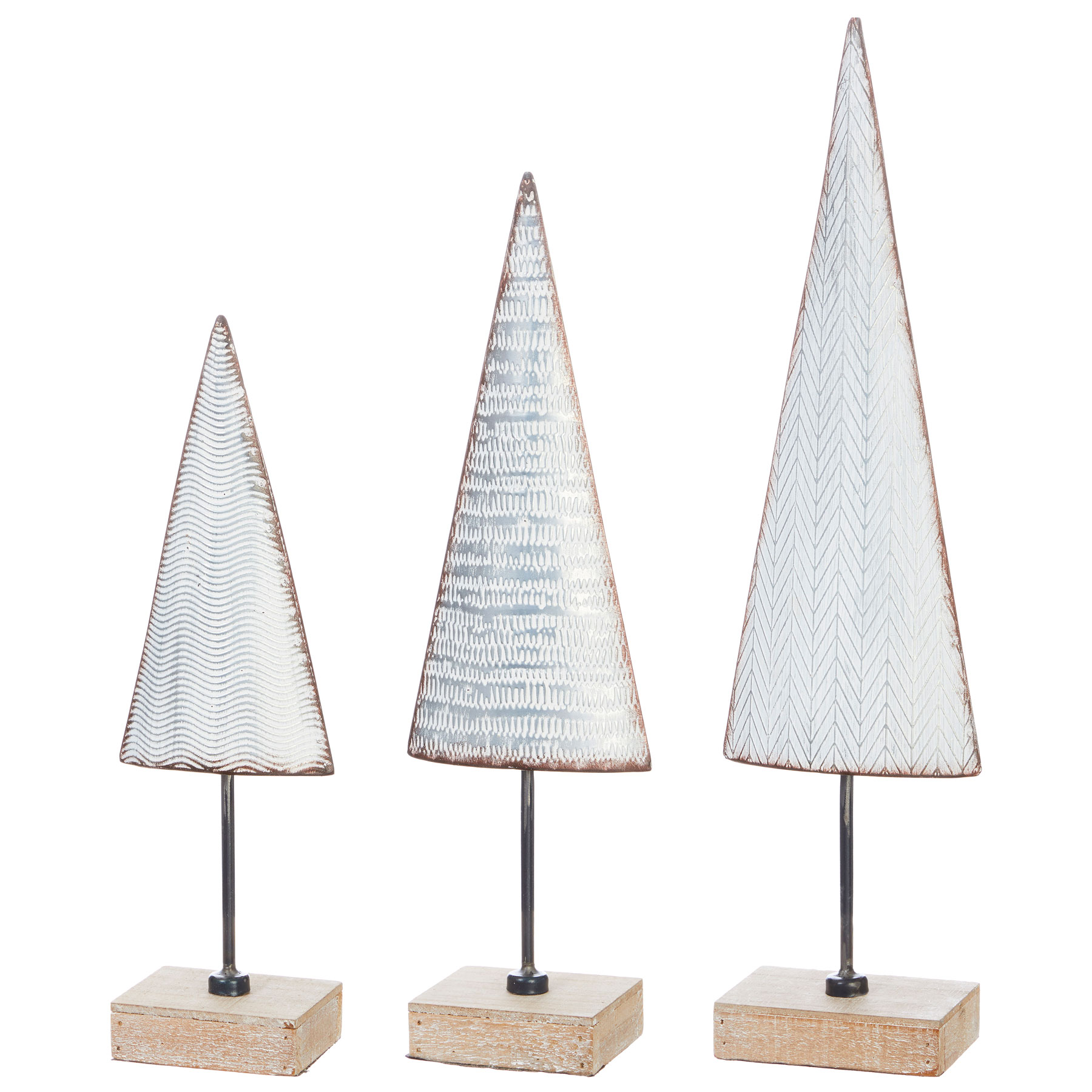 Set of 3 Galvanized Metal Holiday Trees On Wood Base - 15, 18, 21 Inch