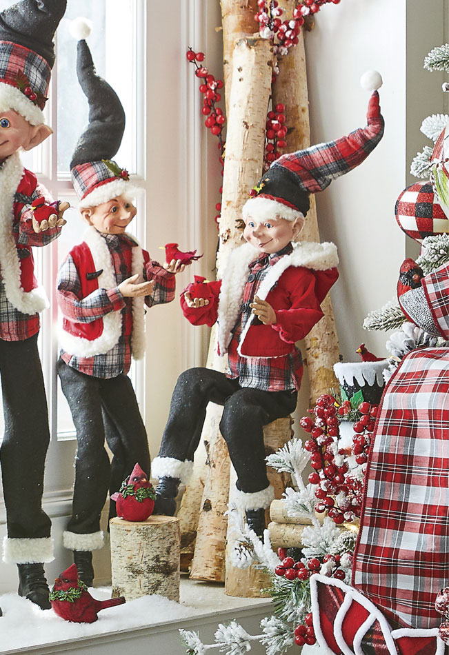 Set of 2 Posable Christmas Elf Figures With Cardinals In Plaid 2 Assorted