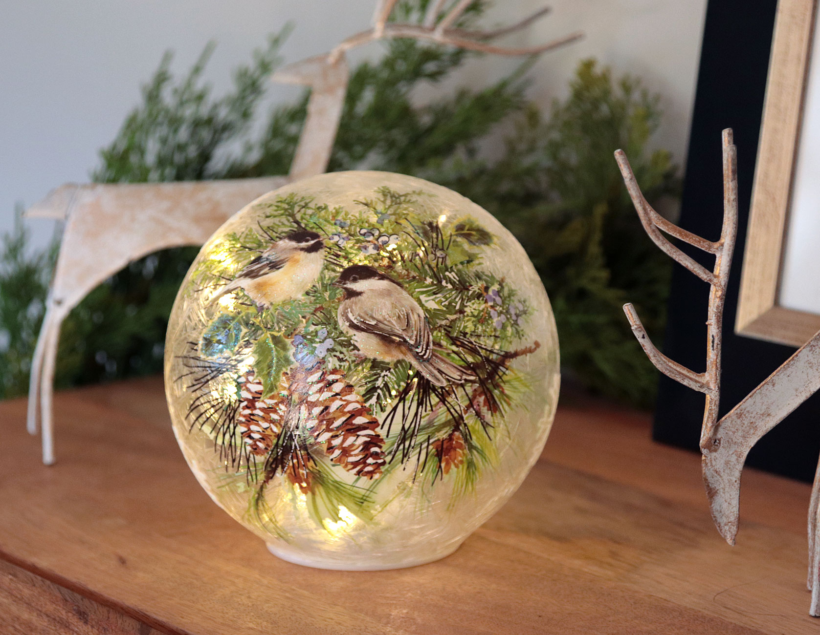 Chickadee Lighted Crackle Ball Battery Operated 6 Inch With Timer
