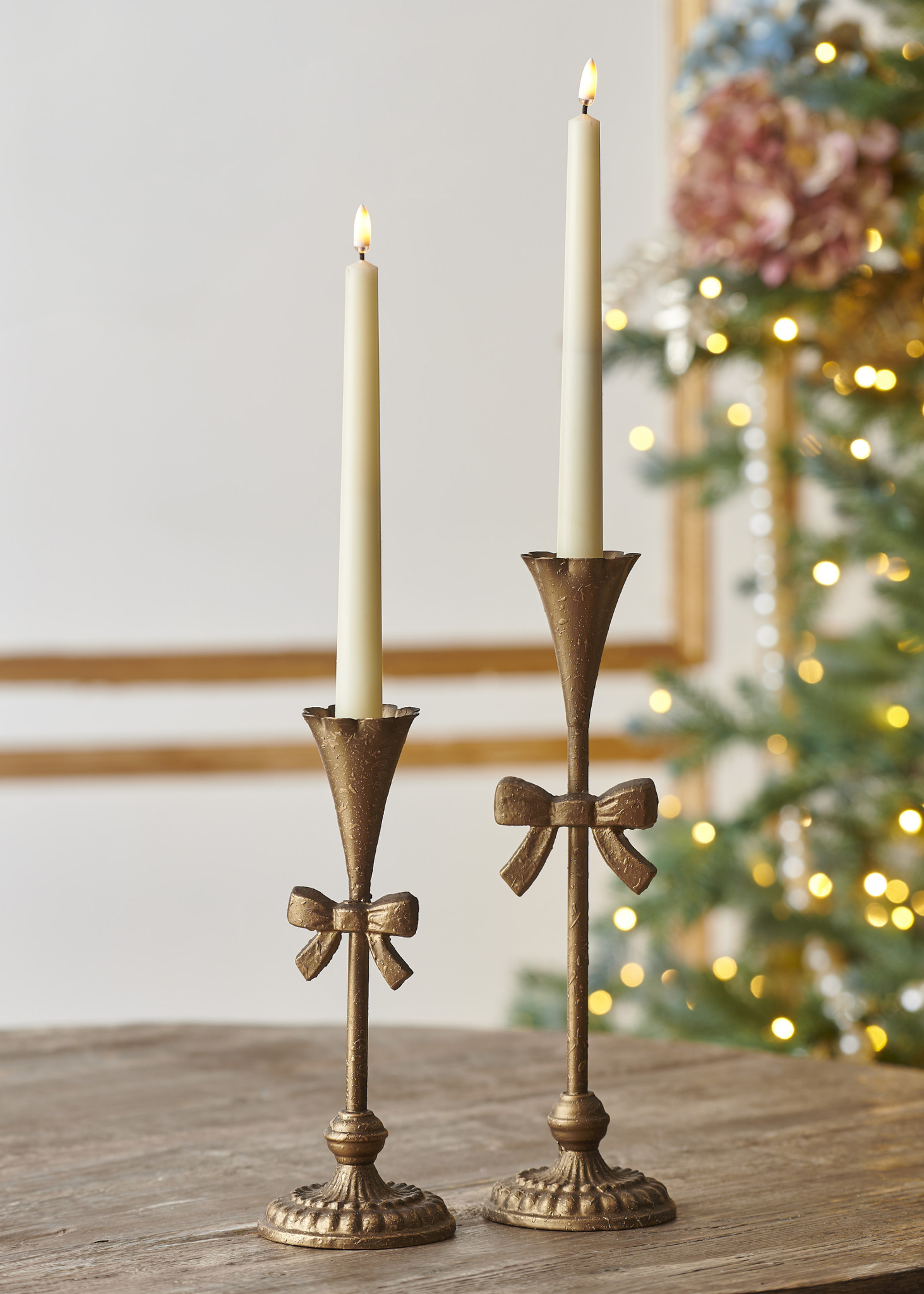 13" Gold Fluted Bow Candlesticks Set of 2 From RAZ - NEW 2025