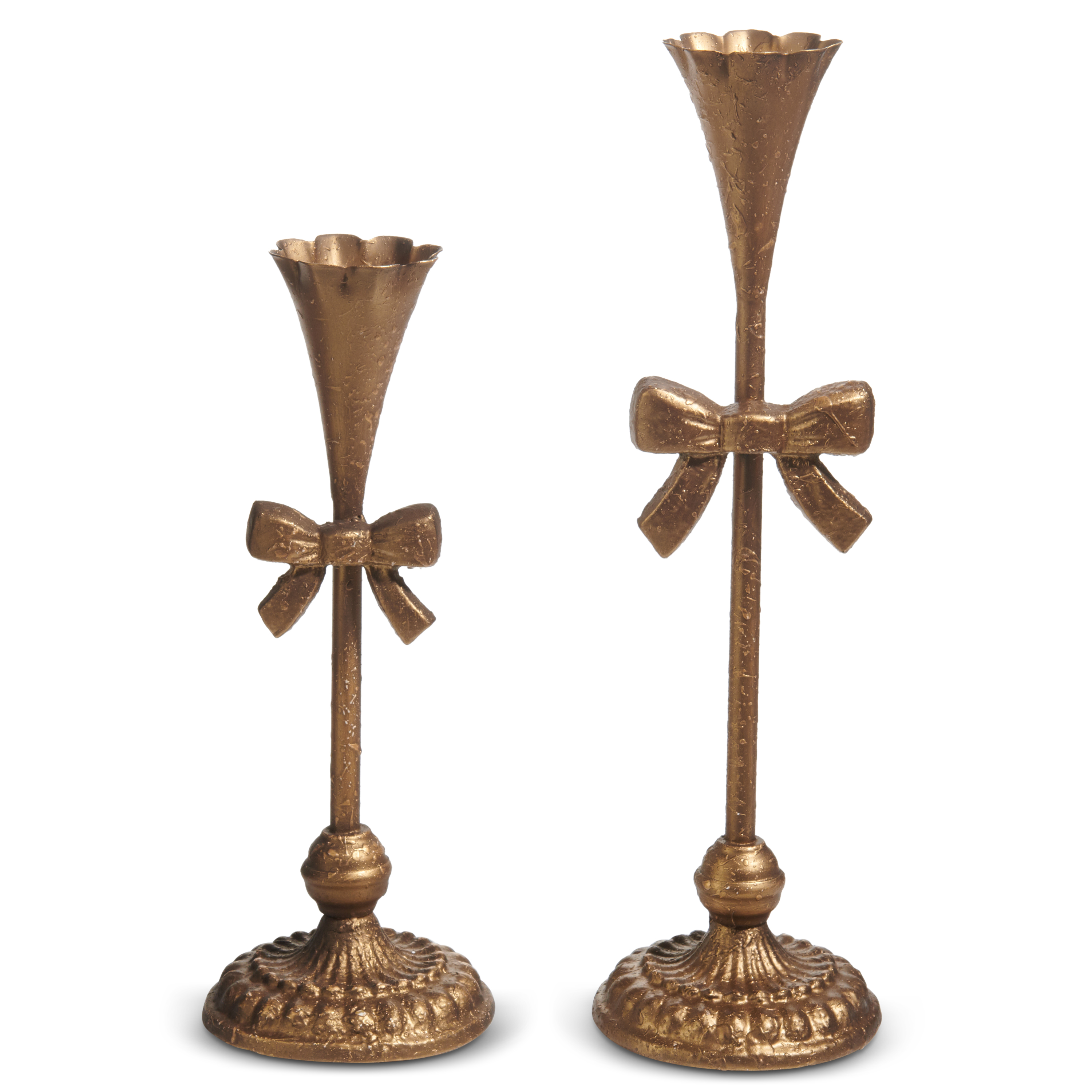 13" Gold Fluted Bow Candlesticks Set of 2 From RAZ - NEW 2025