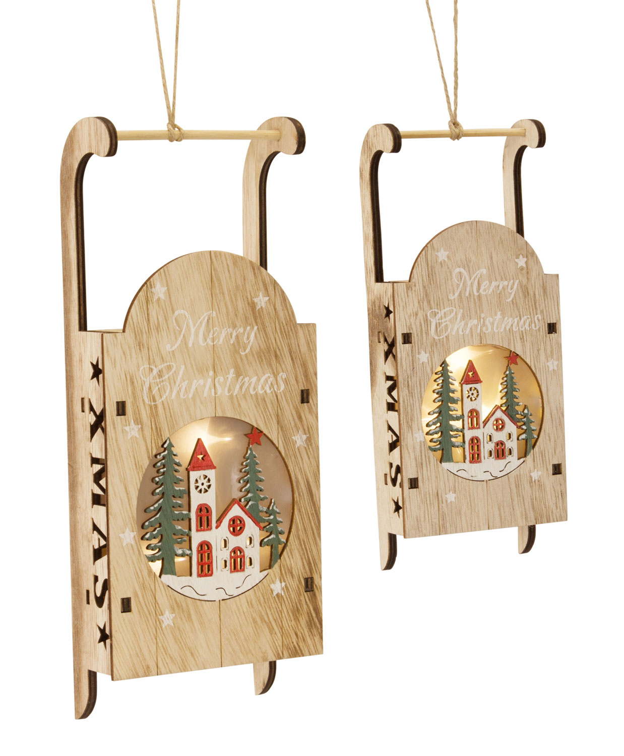 Set of 2 LED Sled Cut Out Wood Ornament - 6 Hour Timer