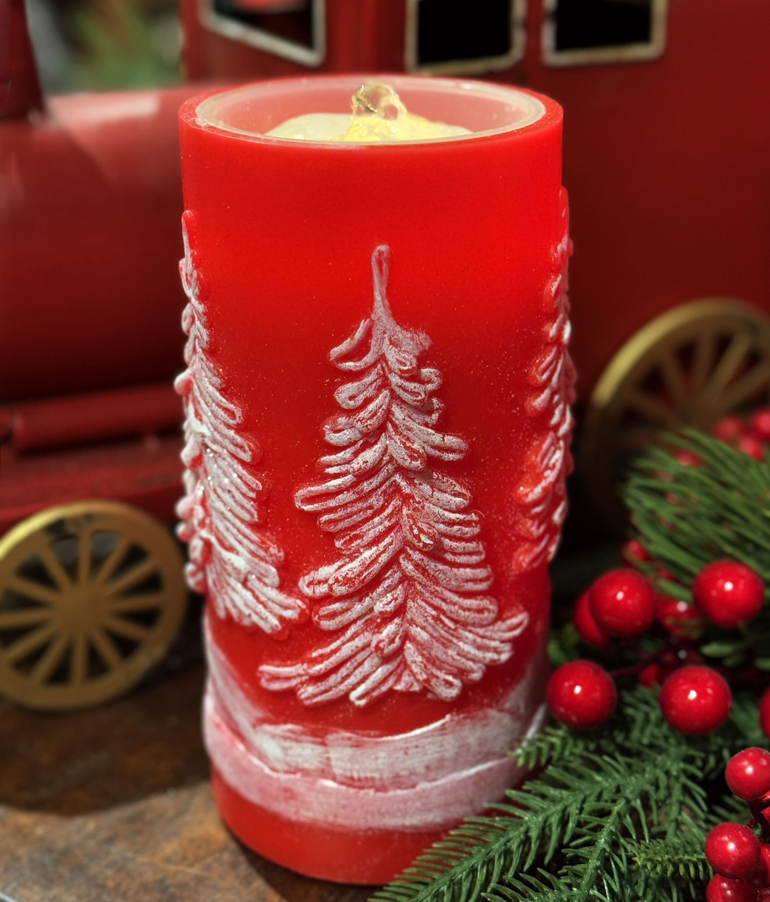 Fountain Candle - Red Wax With Christmas Tree Design - Remote Control