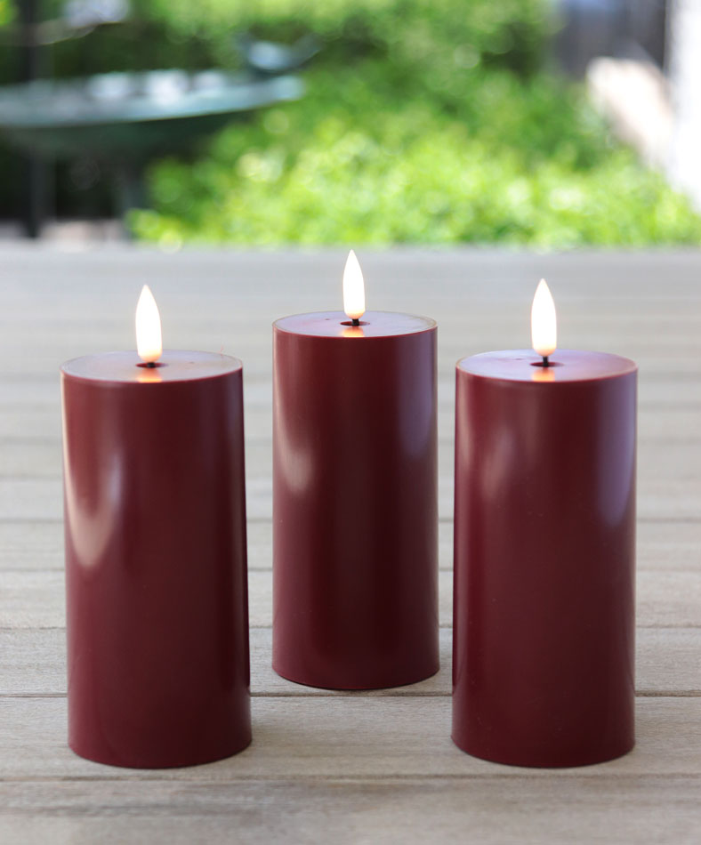 Wine Red Outdoor Flameless Candles Set of 3 - Timer