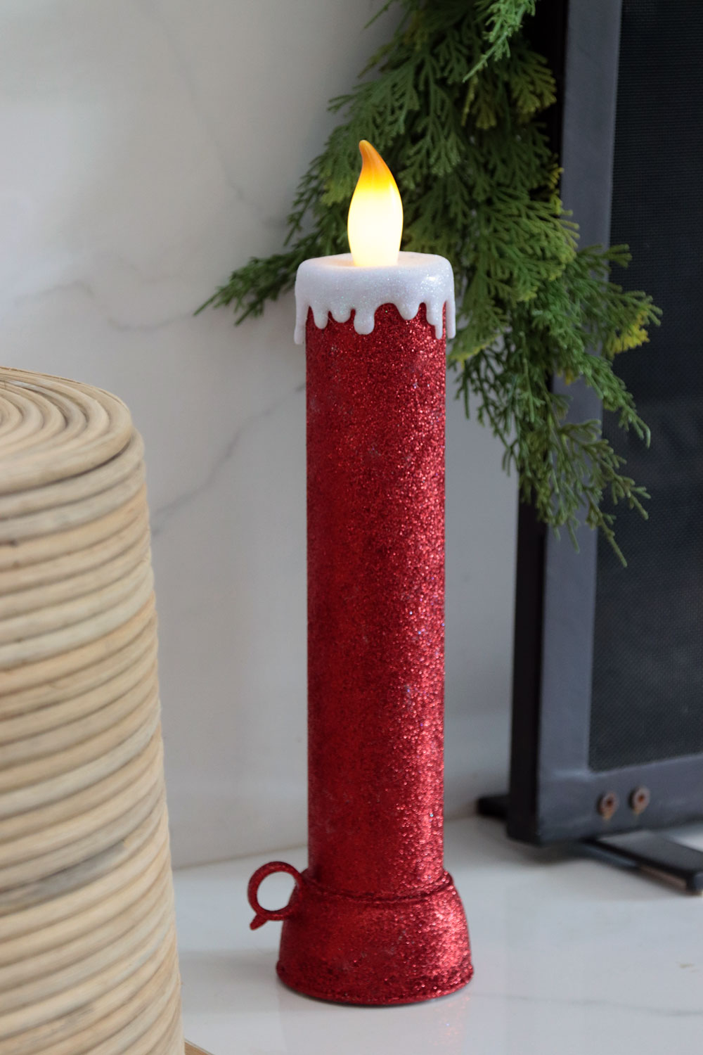 18 Inch Battery Operated Red Glitter Pillar With Fireglow Flame Effect