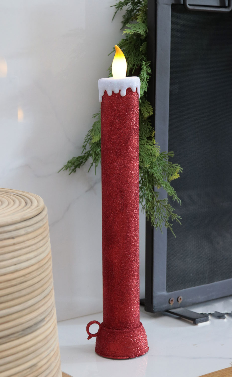 23.6 Inch Battery Operated Red Glitter Pillar With Fireglow Flame Effect