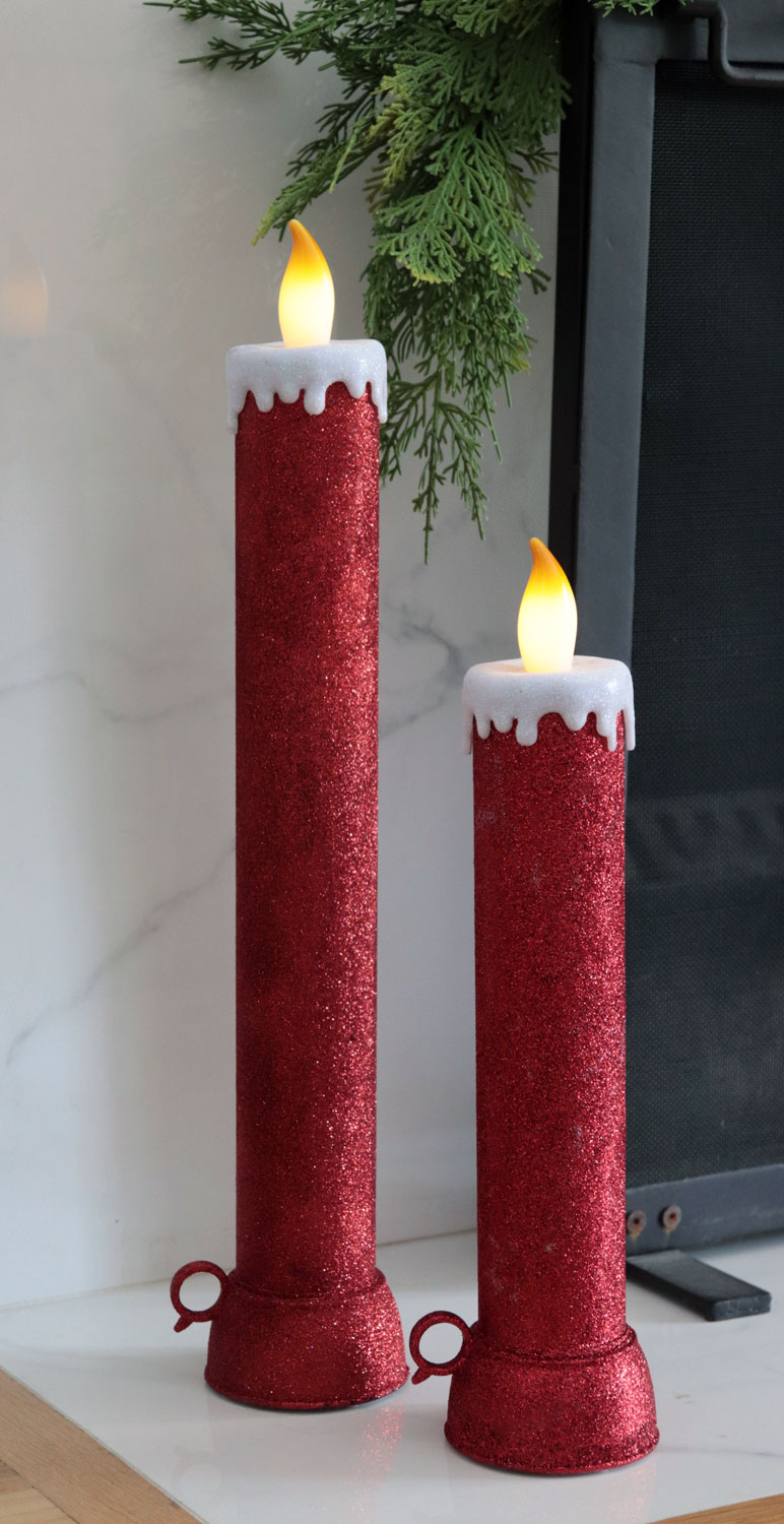 18 Inch Battery Operated Red Glitter Pillar With Fireglow Flame Effect