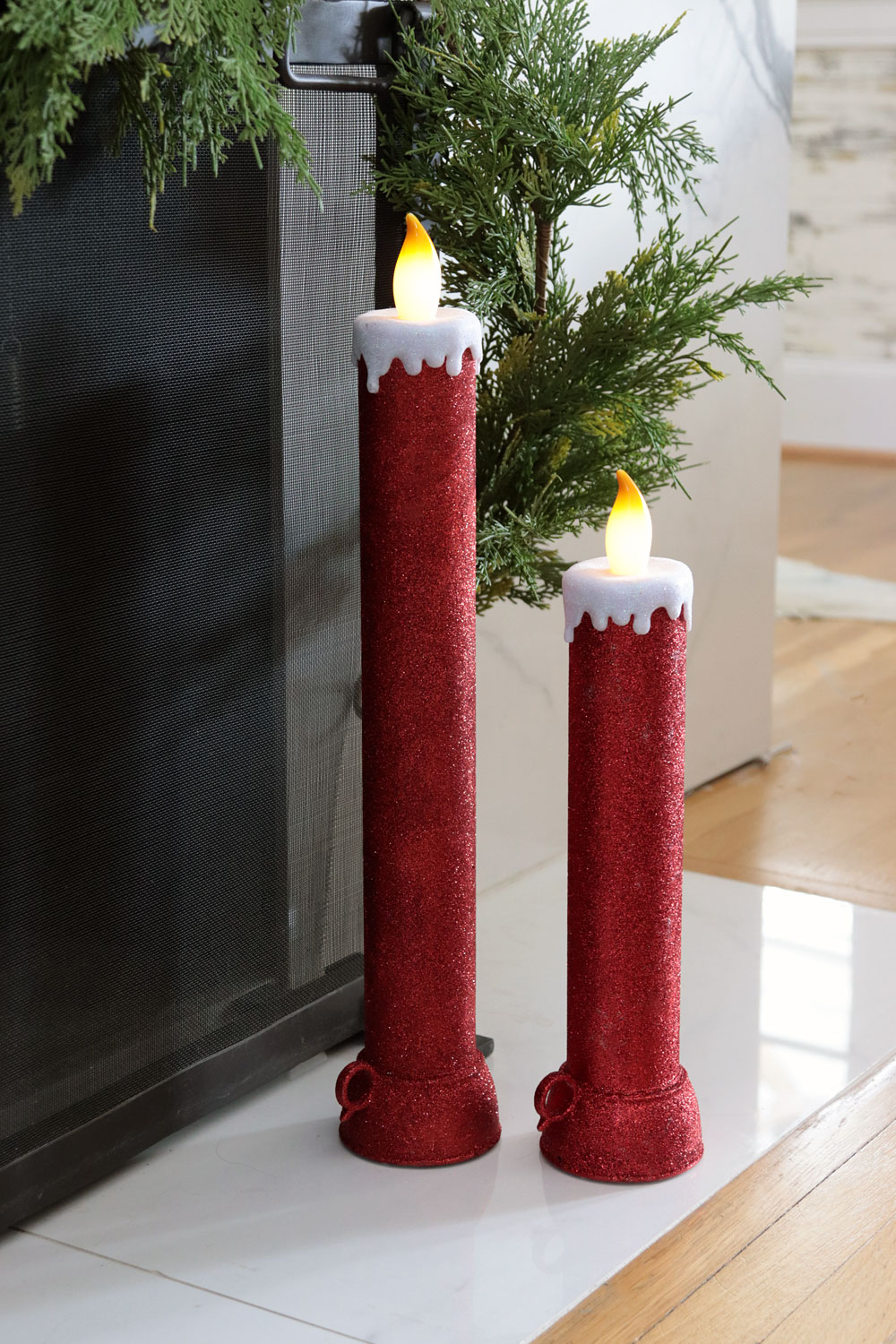 18 Inch Battery Operated Red Glitter Pillar With Fireglow Flame Effect