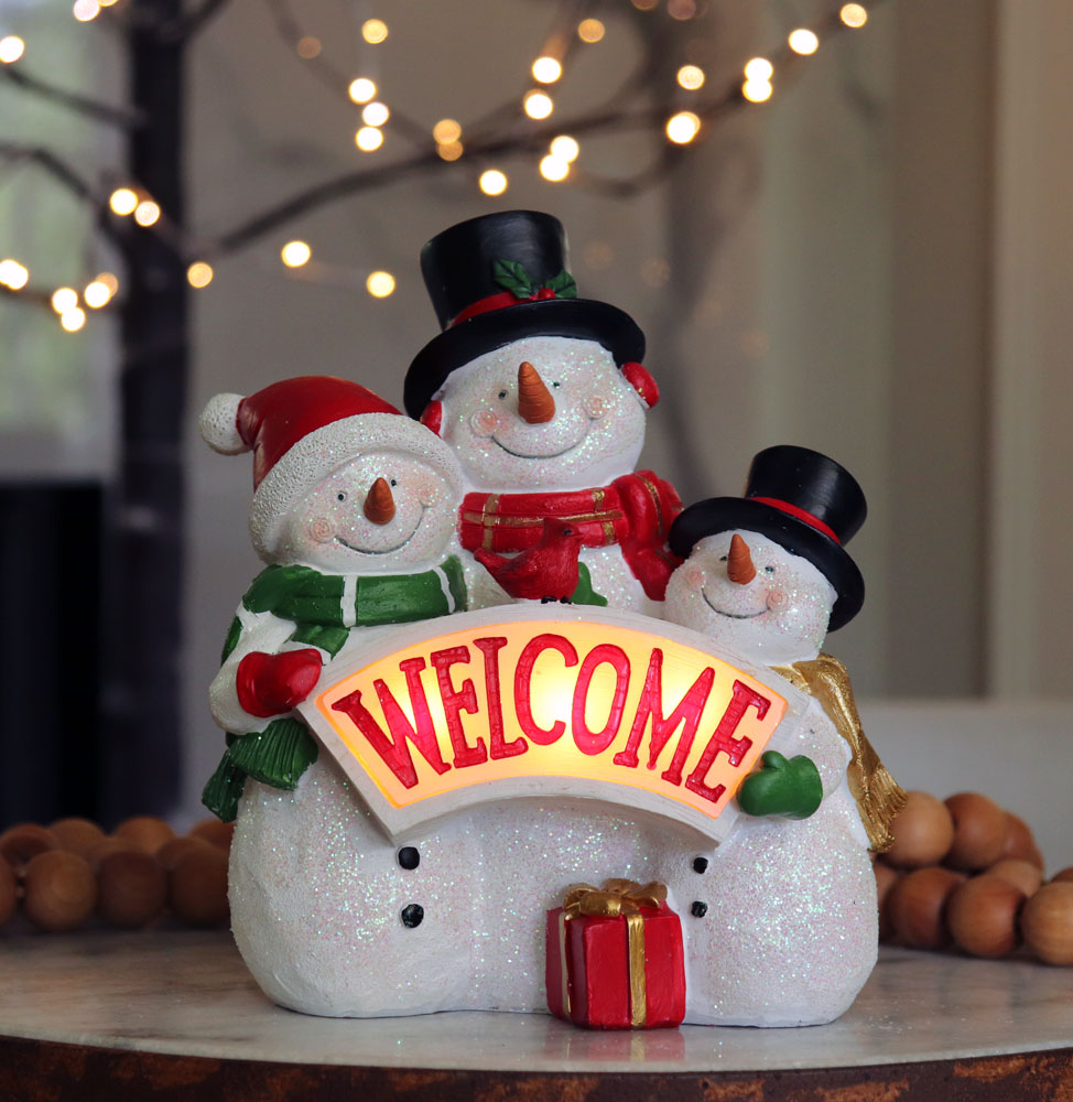 Snowmen With Light Up Welcome Sign - Battery Operated 8.6 Inch