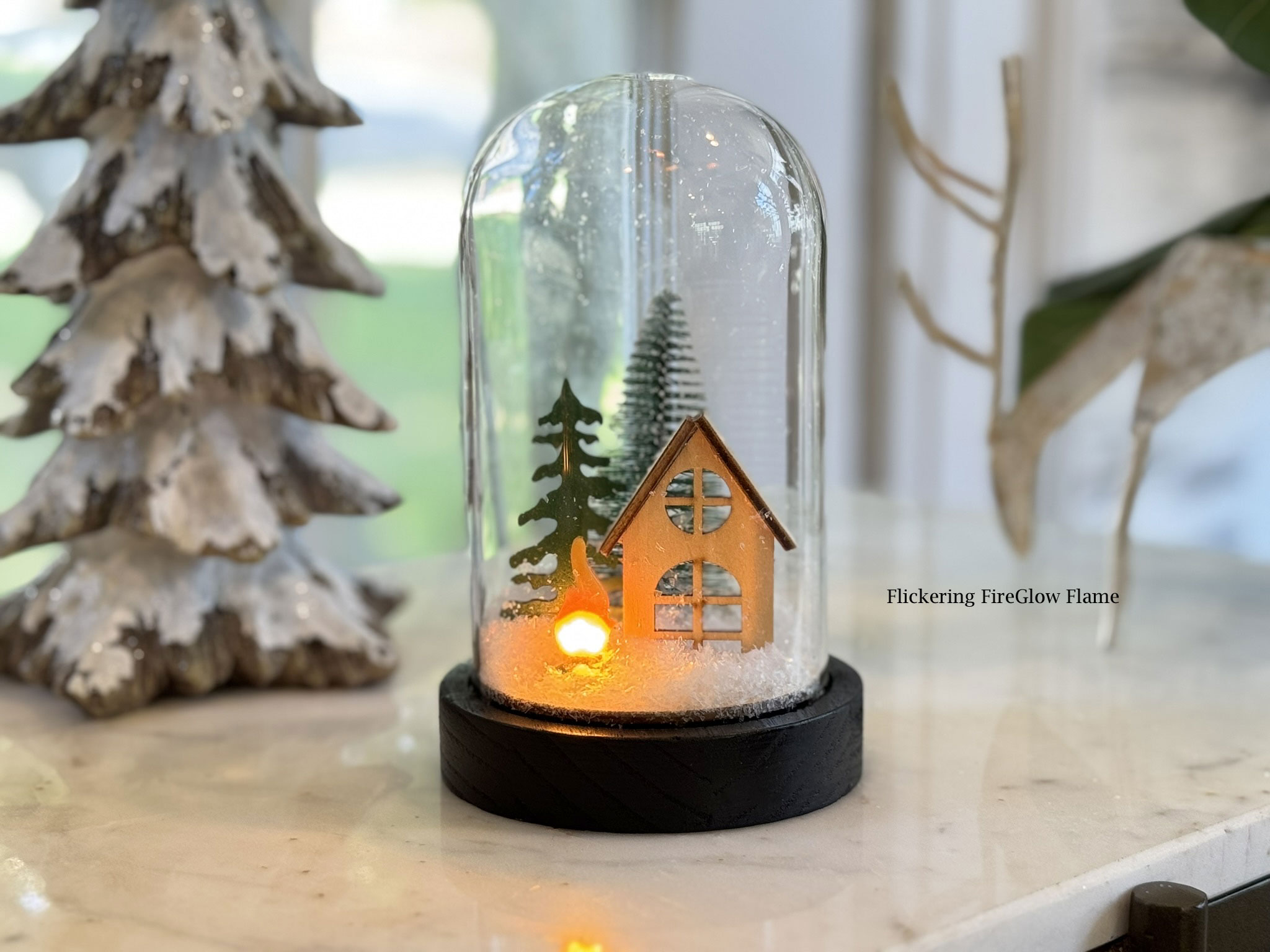 Lighted Glass Dome with House Scene and FireGlow Flame Battery Operated ...