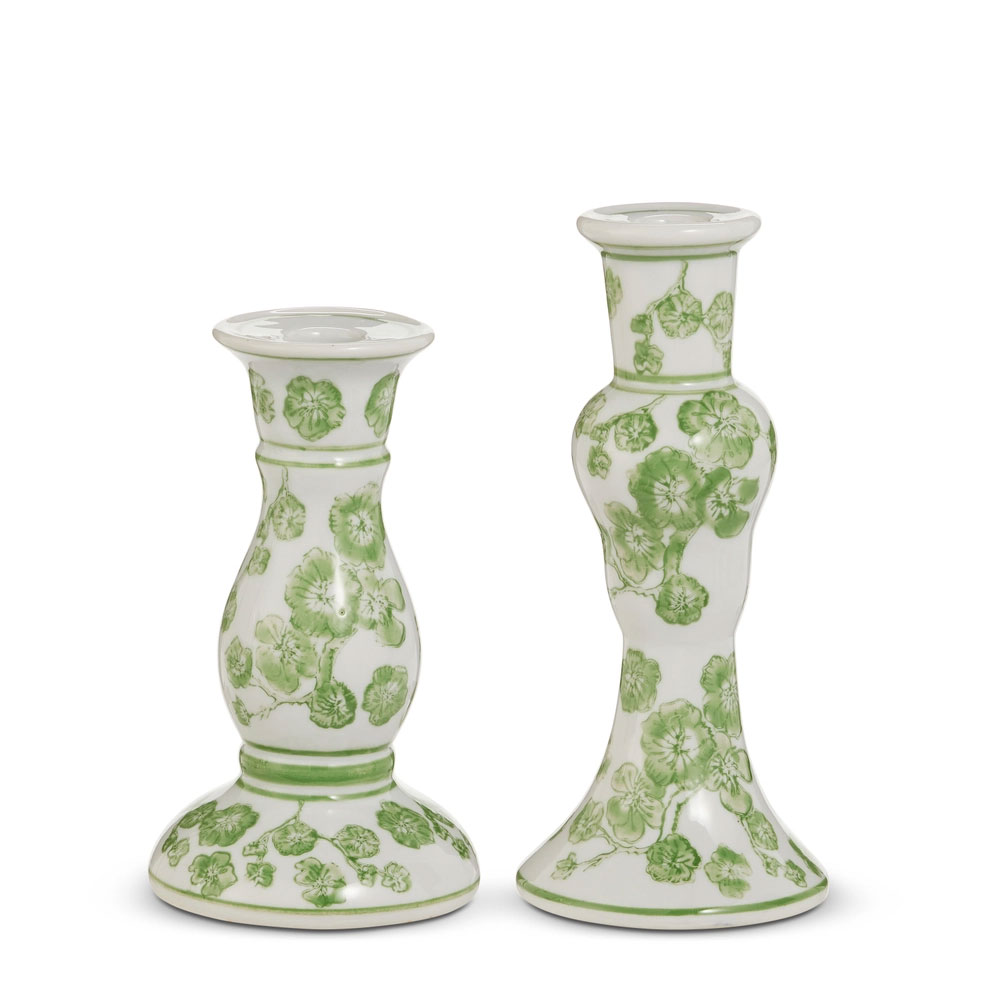 Green Cherry Blossom Candlesticks Set of 2 8.25" - NEW 2026