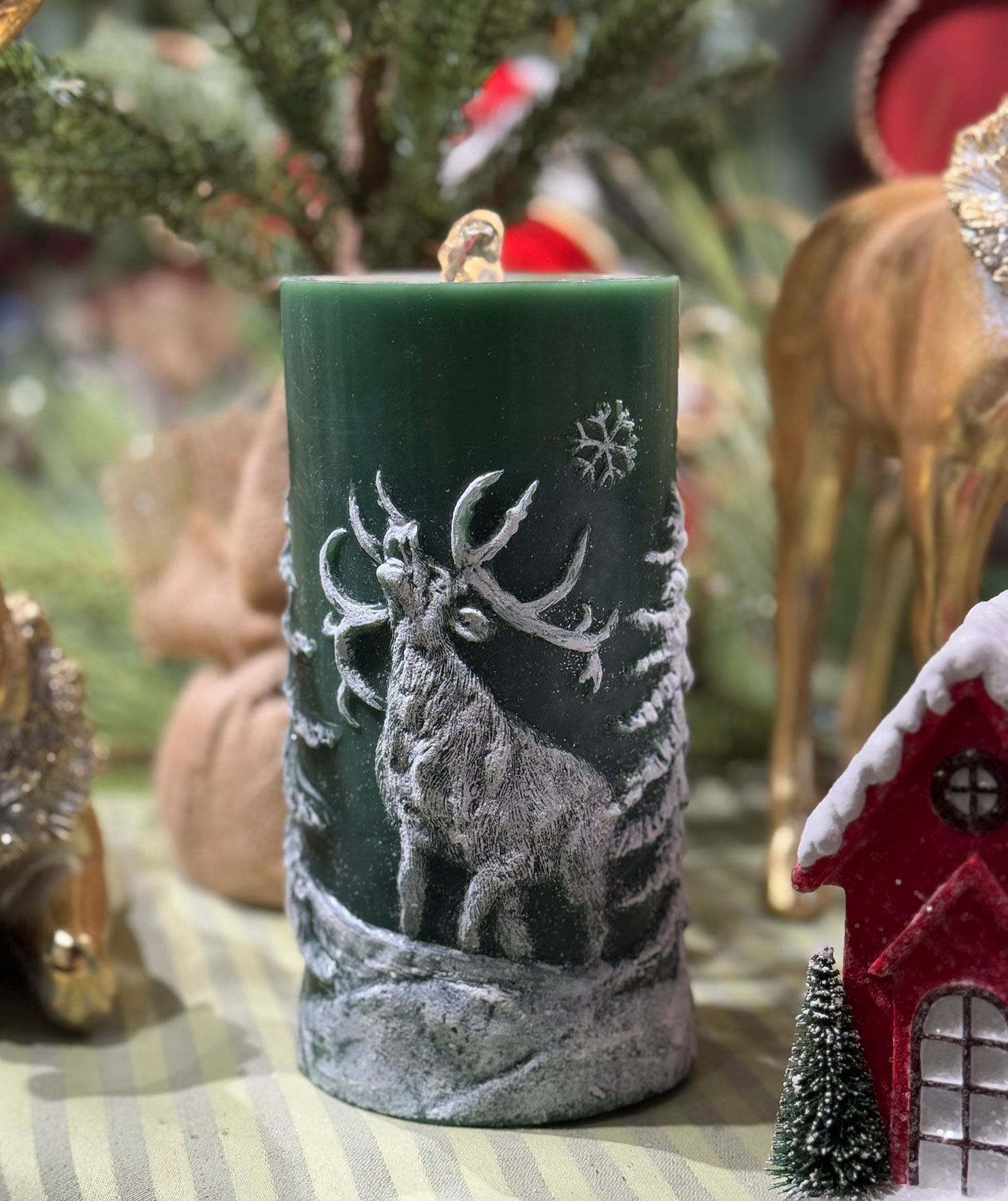 Fountain Candle - Green Wax With Deer and Tree Design - Remote Control