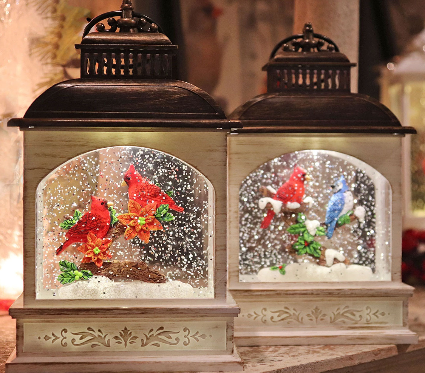 8.25 Inch Lighted Cardinal Water Lantern In Swirling Glitter