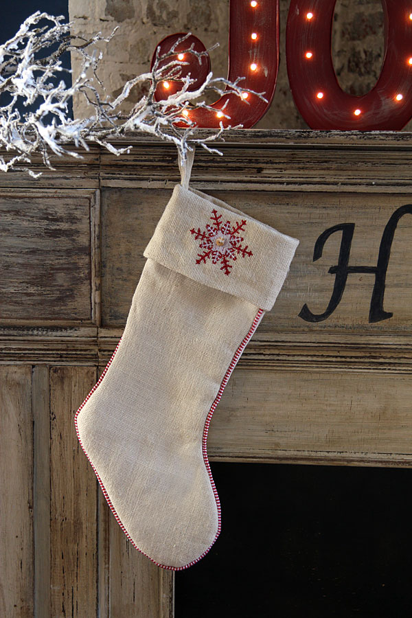 Snowflake Button Burlap Christmas Stocking