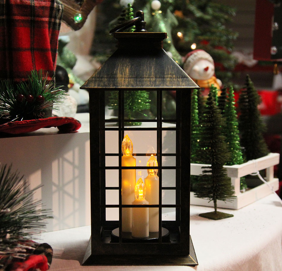 Battery Operated Mission Style 3 Candle Lantern - Antique Bronze 12 Inch