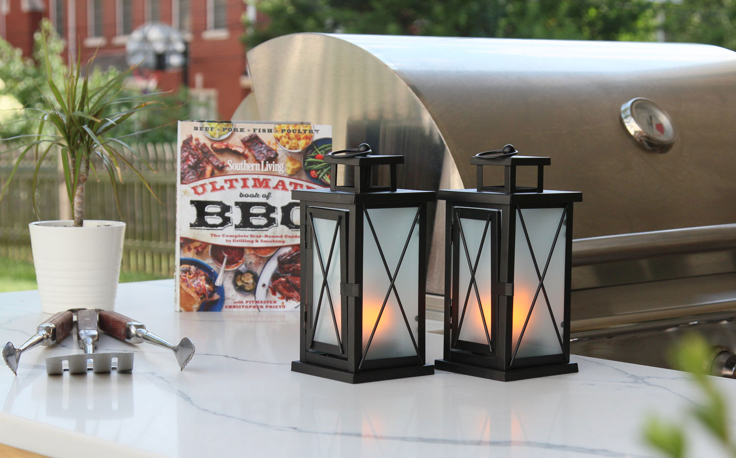 Set of 2 LED Fire Flame Metal and Glass Lanterns